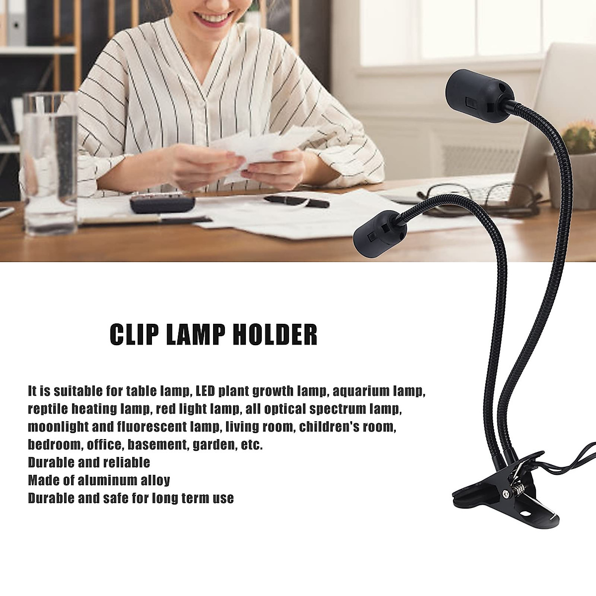 Luqeeg Clip Desk Lamp Socket, E26/E27 Reading Light Stand Clamp Lamp Fixture, 360 Degrees Two Head Clip on Light Bulb Holder with On/Off Switch and Clamp for Headboard Video Study Work, Black(#1)
