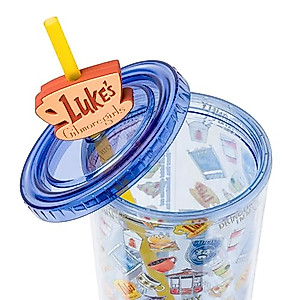 Silver Buffalo Gilmore Girls Iconic Destinations Featuring Luke's Diner, Stars Hollow, and Dragonfly Inn Plastic Cold Cup with Lid and Topper Straw, 24 Ounces