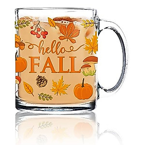 Whaline Fall Glass Coffee Mugs with Handle Pumpkin Maple Leaf Coffee Cups Autumn Harvest Drinking Glasses Beverage Mugs for Fall Thanksgiving Iced Coffee Soda Cocktail Whiskey Tea Water Wine, 12oz