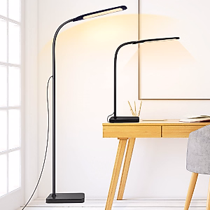 Joymon LED Floor Lamp, Adjustable Gooseneck Standing Lamp with 3 Color Temperature 3000K-6000K and 10-100% Stepless Dimmer, 2 in 1 Modern Desk Reading Lamp for Living Room, Bedroom and Office, Black
