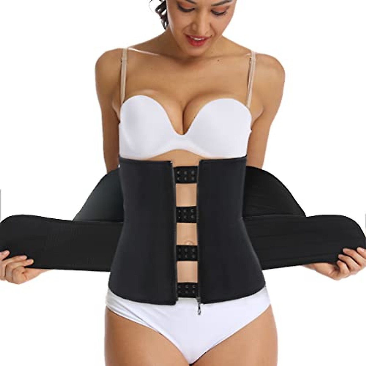 HOPLYNN Sweat Waist Trainer for Women Two Belts, Neoprene Workout Corset Waist Trainer Cincher Trimmer Shaper Zipper Black Large