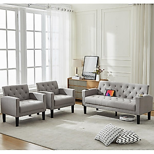 TYBOATLE Light Grey Linen Fabric Mid-Century Modern Sofa Set 3 Pieces, Tufted Linen Fabric USB Loveseat Couch with 2 Cupholders and 2 Accent Armchairs for Living Room, Bedroom, Apartment