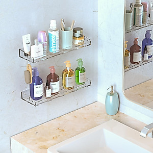 NiHome Clear Acrylic Shower Shelves 2-Pack, Stick On Shower Shelf with Hooks & Mounting Accessories, Clear Shower Caddy, Self Adhesive Shower Shelves for Bathroom, Kitchen, Bedroom - Superior Drainage