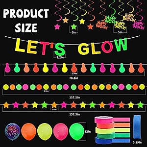 Glow Party Supplies and Decorations, 127.9ft Neon Party Decorations with Banner UV Blacklight Reactive Tape Swirls Hanging Garlands Fluorescent Balloons for Glow in The Dark Party Decorations