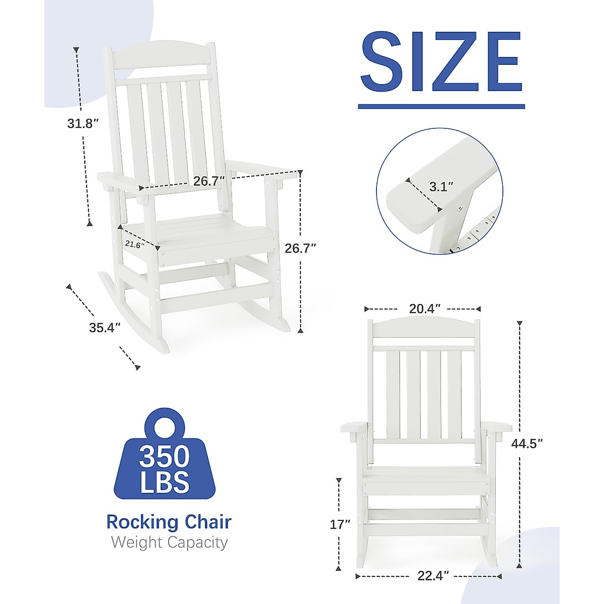 FOOWIN Patio Rocking Chairs Set of 2,HDPE High Back Porch Rocker,All Weather Resistant Poly Lumber Outdoor Porch Rocker, Rocking Chairs for Outdoor, Indoor, Patio, Deck, Garden White