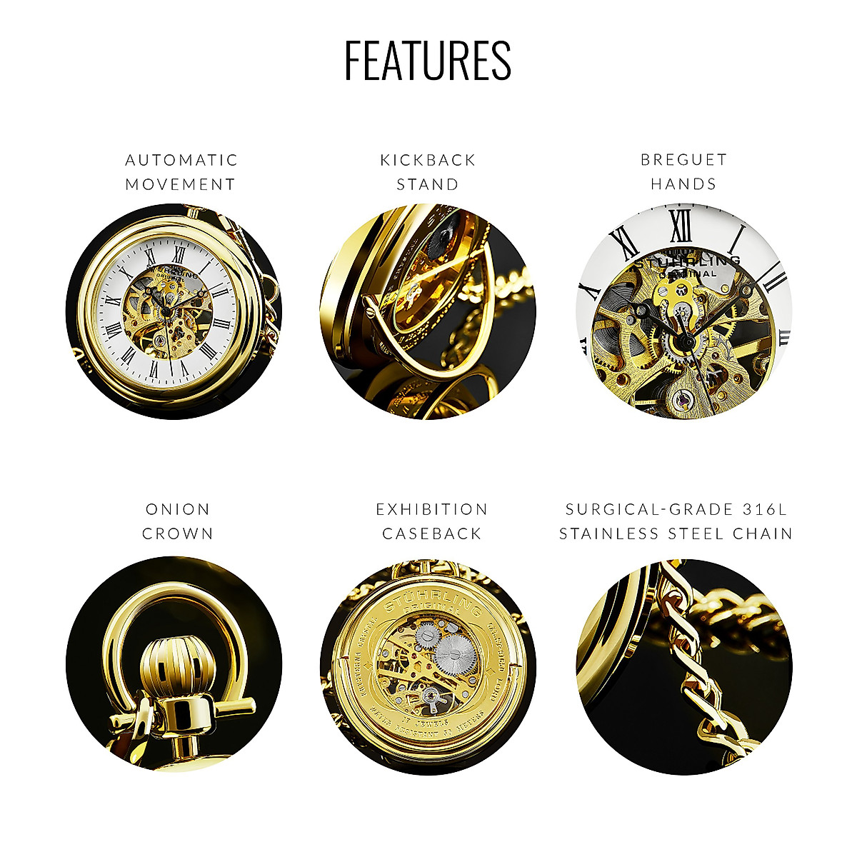 Stuhrling Original Men's Pocket Watch Stainless Steel Analog Skeleton Watch Hand Wind Mechanical Movement Stainless Steel Chain (Silver) (Gold)