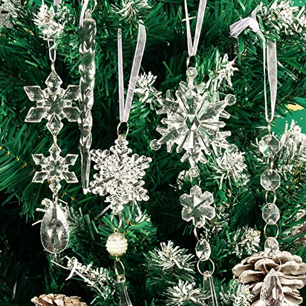 18pcs Christmas Tree Decoration Crystal Ornaments - Hanging Acrylic Christmas Snowflake Icicle Drop Crystal Ornaments for Christmas Tree Winter New Year Party Supplies