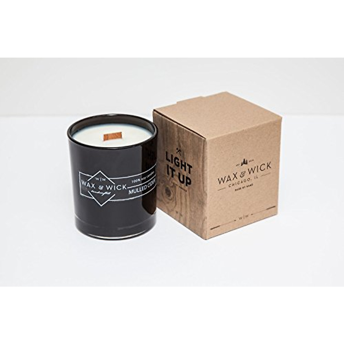 Wax and Wick 12oz. Pure Soy Wax Scented Candle with Double Wood Wick - Black, Mulled Cider Scent - Notes of Apple, Nutmeg, Vanilla, & Caramel
