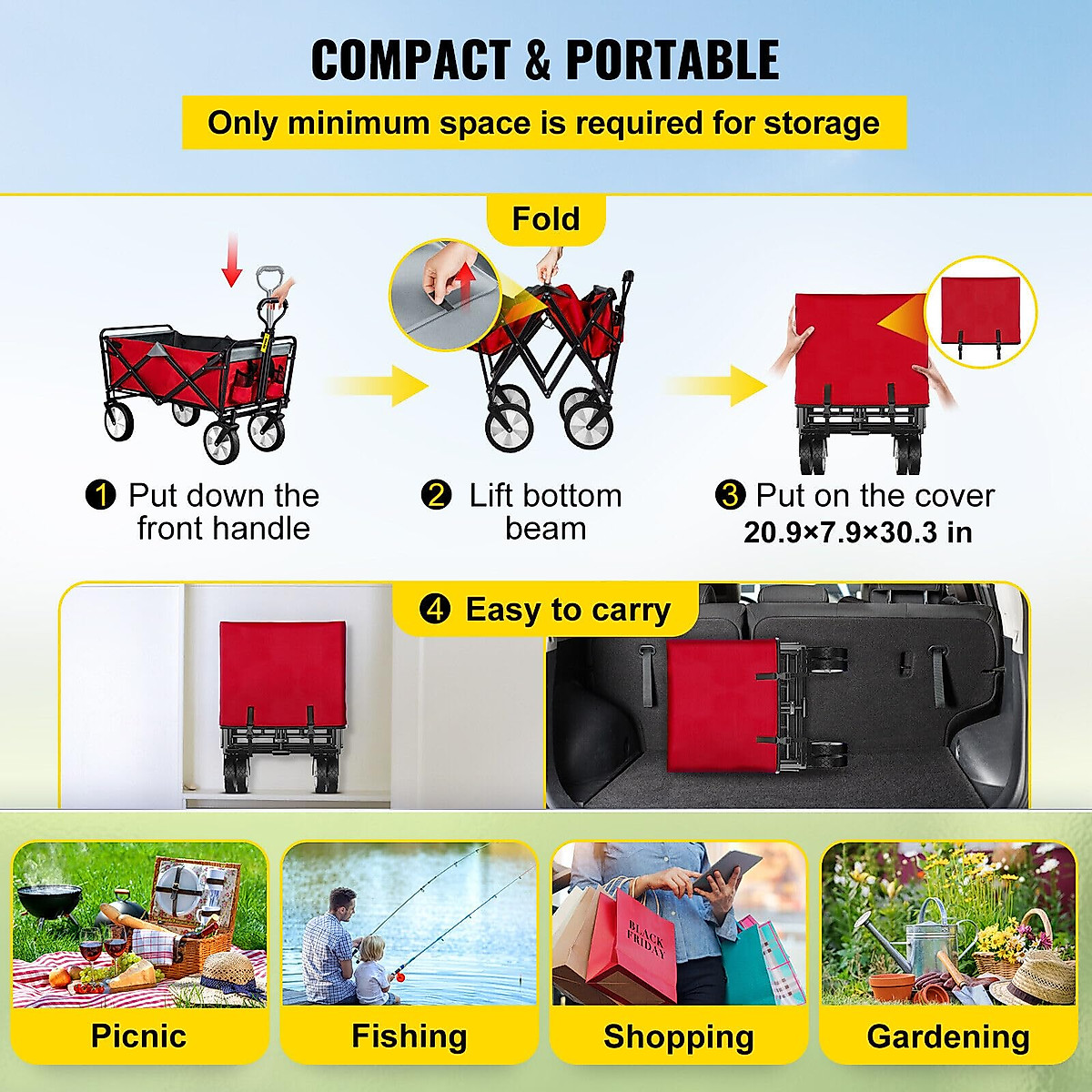 Folding Wagon Cart Heavy Duty Utility Collapsible 176 lb Garden Cart Large Storage Space Adjustable Handle Flexible All-Terrain Movement