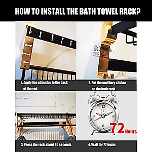 24HOCL 24 Inch Foldable Towel Rack Wall Mounted with Towel Bar/Basket, Bath Towel Shelf with Movable 7 Hooks for Bathroom Hotel Lavatory (Black+Gold)