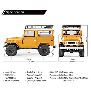 EAZYRC X FMS 1/10 Toyota Land Cruiser FJ40 RS with Licensed RC Truck Blue, All Terrain Waterproof 4WD 35T 550 Motor RC Crawler for Adult,2.4Ghz Remote Control, No Battery (yellow)