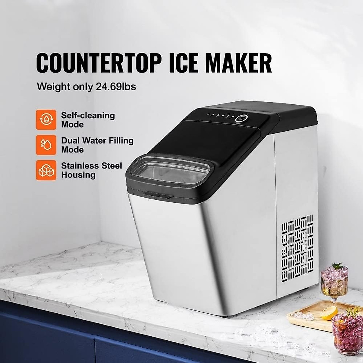 WACTO Self-Cleaning Ice Maker - 9 Cubes in 7 Mins, 33lbs in 24Hrs, Ice Scoop and Basket, 2 Ways Water Refill, 2 Size Bullet Ice - Ideal for Kitchen Bar - Portable Countertop Ice Maker