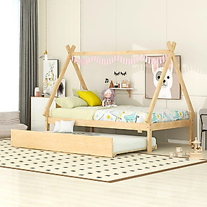 LOPOO Twin Size Tent Floor Bed, Wooden Tent Platform Bed with Pull-Out Trundle Bed, Tent Twin Bed with Rollers, Bed Frame Twin Size for Boys,Girls Bedroom, No Box Spring Needed, Teepee Bed (Natural)