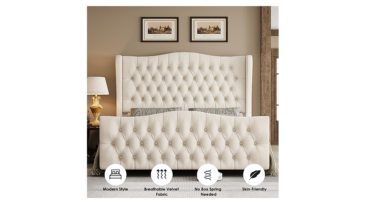 Keyluv Queen Size Velvet Platform Bed Frame with Wingback Headboard