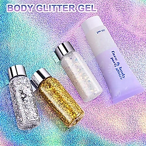 AOOWU Body Glitter Gel, 50ml Holographic Mermaid Sequins Glitter Chunky Cosmetic Glitter Face and Body Gel, Sparkling Festival Party Lotion Glitter for Face Body Eye Hair Nail Makeup and DIY Art