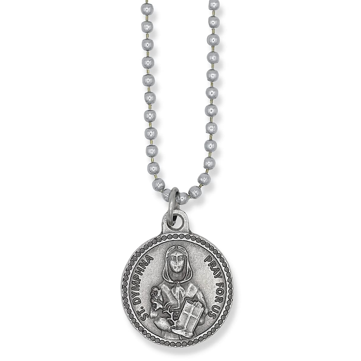 Saint Dymphna Necklace Patron Saint of Anxiety, Stress, and Mental Health Catholic Jewelry - Silver Oxidized Round 7/8" St Dymphna Medal with 24" Adjustable Hypoallergenic Ball Chain - Made in Italy