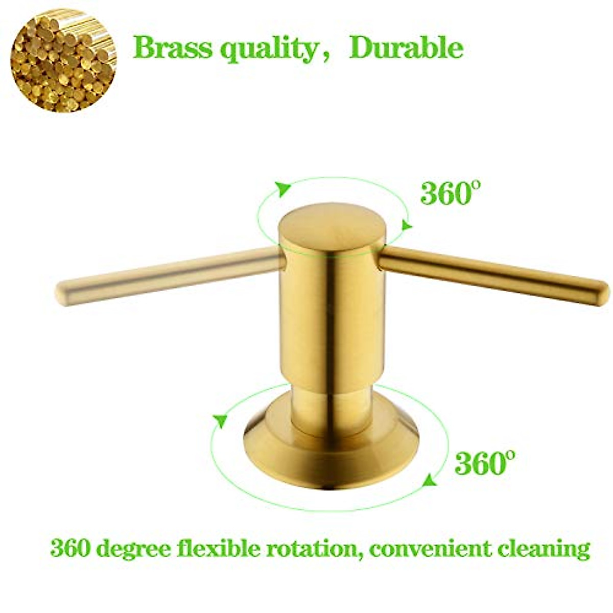 KMEINO Gold Soap Dispenser, Built in Undermount Soap Dispenser Brass Commercial, Brushed Gold Metal Pump Head Liquid Lotion Kitchen Countertop Soap Dispenser with 500ml PP Bottle