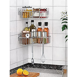 SMARTAKE Corner Shower Caddy Shower Shelf 2 Pack Adhesive Shower Rack with Hooks, SUS 304 Stainless Steel Shower Organizer for Bathroom Toilet Kitchen, Shower Storage for 90° Wall (Silver)
