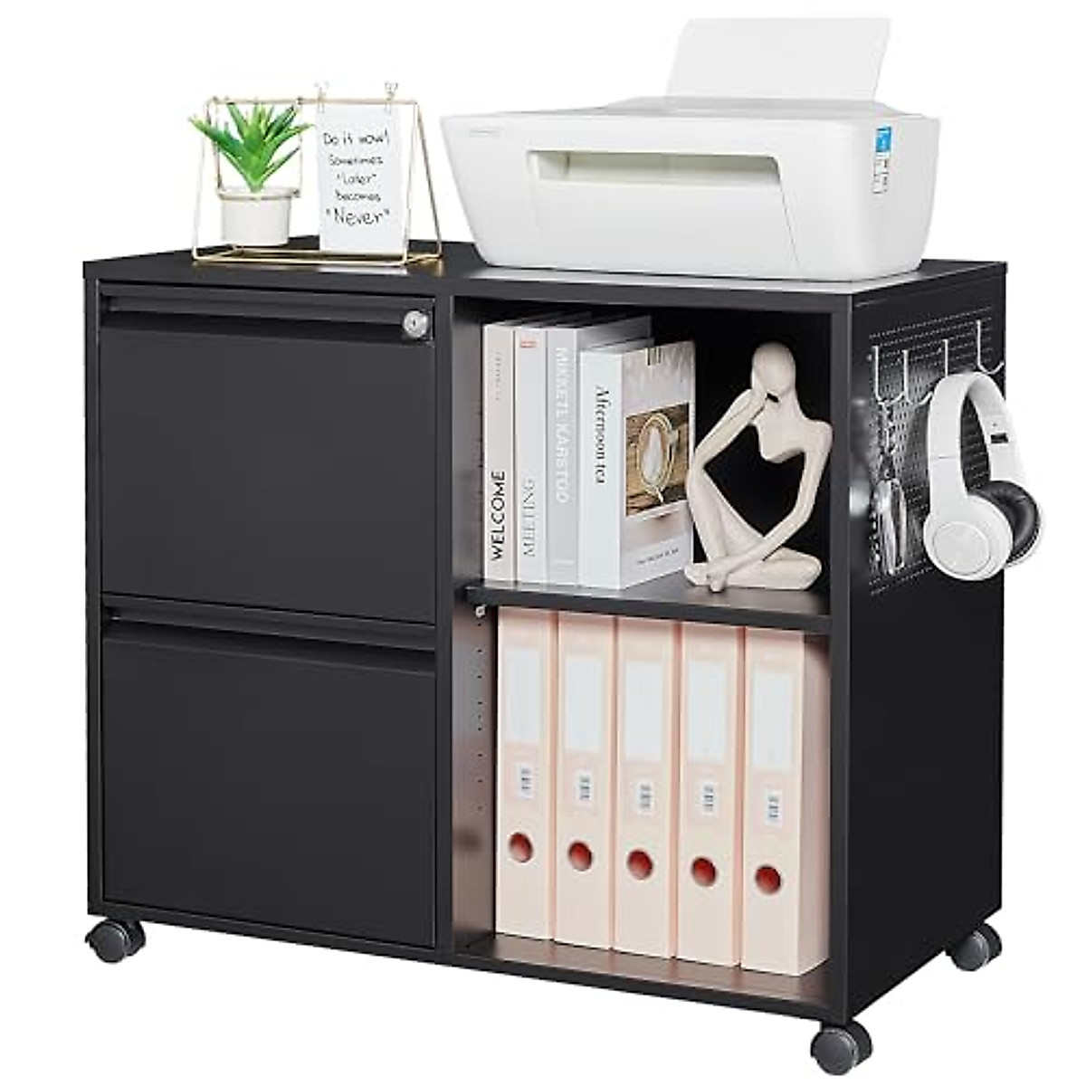 Letaya Mobile File Cabinet, Metal Lateral Rolling Printer Stand Filing Cabinets with Shelves for Home Office-Storage A4/F4/Letter (Black)