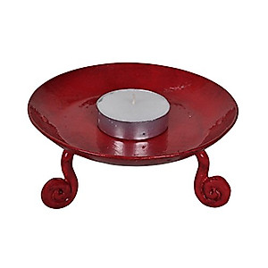 Lalhaveli Red Hand Painted Small Iron Pillar Candle Stand, 4.5" Tall 2" Candle Plate Votive Candle Holders Stand Decorative