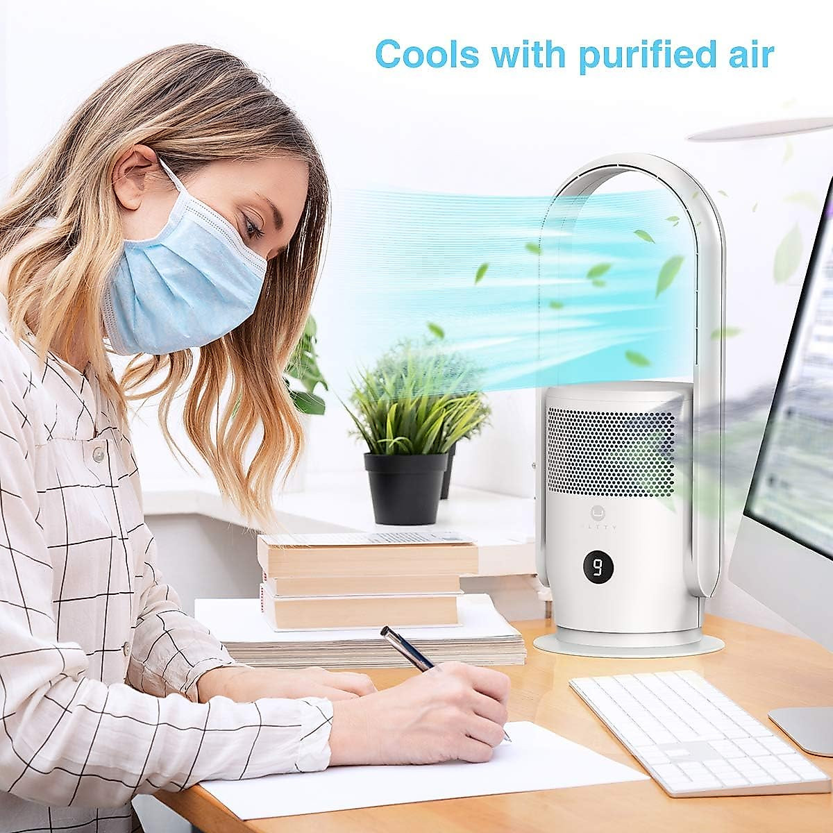 ULTTY Bladeless Tower Fan with Air Purifier, 90° Oscillating Tower Fan with HEPA Filter, Remote Control, Touch, 8H Timer, 9 Speeds, Powerful Floor Fan for Bedroom Room Home Office, CR021, White