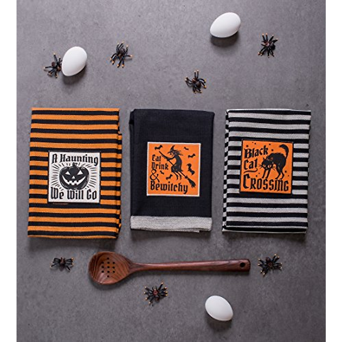 DII Happy Halloween Dishtowel Collection Embellished Cotton Kitchen Hand Towel Set, 18x28, Happy Haunting, 3 Count