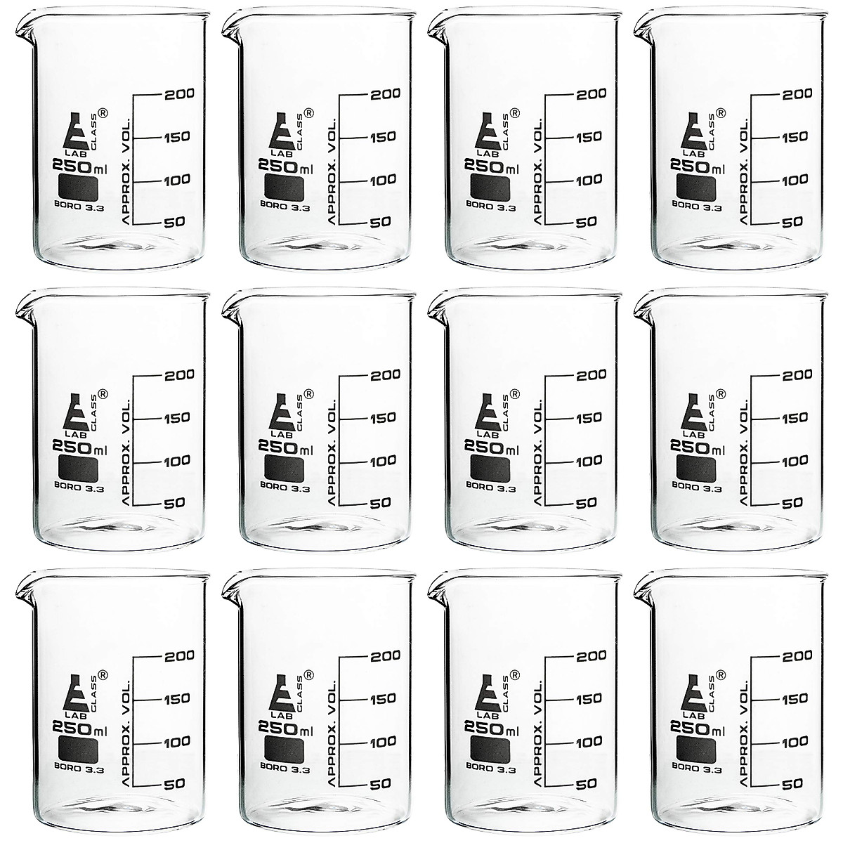 EISCO Premium 250 mL Beakers, Pack of 12 - Low Form Griffin - 50mL Graduations - Borosilicate Glass - Excellent Strength Against Breakage