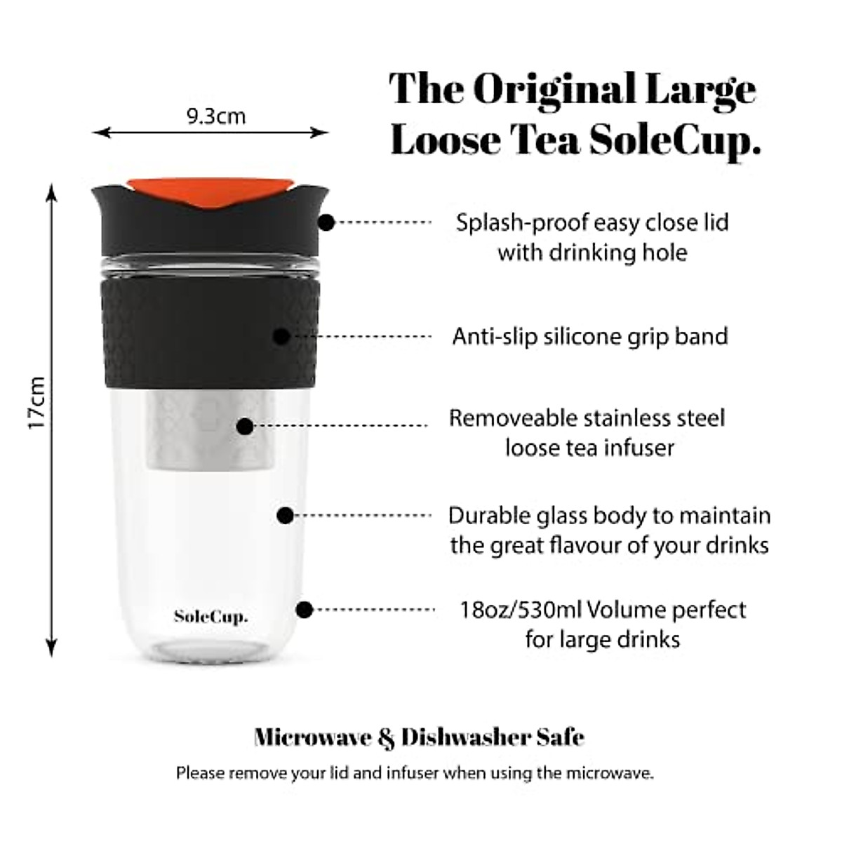 SoleCup. Large Travel Mug Loose Tea Infuser - Detachable Tea Strainer with Spill Proof Lid - 18oz/530ml BPA-Free Reusable Glass Travel Coffee Cup with Silicone Band (Black)