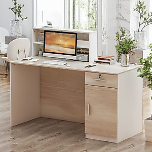 FAMAPY Reception Desk Retail Counter with Lockable Drawer & Shelves, Front Counter Desk Reception Counter Table for Salon Lobby Shop White and Oak (55.1”W x 23.6”D x 43.3”H)