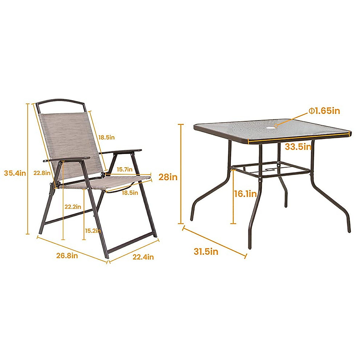 Crestlive Products 5 Piece Patio Dining Set with 4 Folding Chairs and Table Outdoor Dining Furniture with Square Glass Tabletop, Umbrella Hole for Bistro, Garden, Backyard, Deck (Beige)