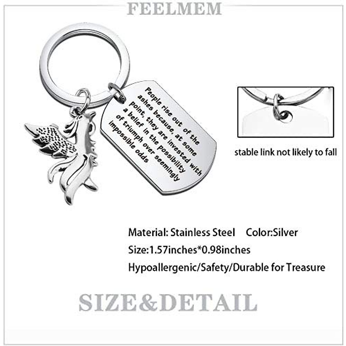 FEELMEM Inspirational Phoenix Keychain Phoenix Rising Rebirth Jewelry People Rise Out of The Ashes Fire Bird Jewelry for Break Up Gift Divorce Gift Cancer Survivor Recovery Gift (Phoenix Keychain)