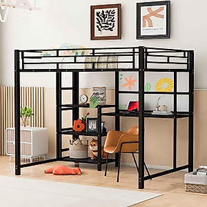 DNYN Full Size Loft Bed with Desk & Ladder for Kids Bedroom,Multifunctional Metal Bedframe w/Shelves & Whiteboard & Safety Rail Design,Space Saving & No Box Spring Needed, Black