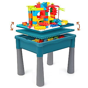Double-Sided Kids Activity Table with Storage, 105pcs Marble Run Building Blocks Table, 5-in-1 Multi Activity Play Sand Water Eating Table for Kids Toddler Boys Girls Ages 1 2 3 Year Old