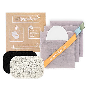 myHomeBody Soap Pocket Squares Exfoliating Soap Saver Pouch, Body Scrubber, Exfoliator Sponge for Bath or Shower, for 5oz Bar Soap or Leftover Bits, White Smoke, 3 Pack + 2 Soap Lifting Pads