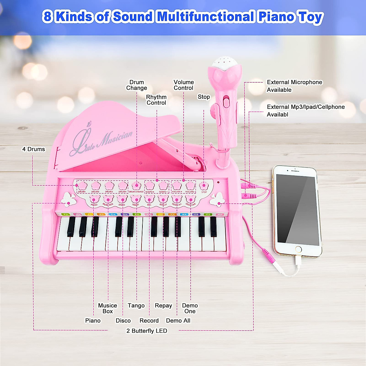 Litaonner Pink Piano Toys for 1+ Year Old Girls Gifts - 24 Keys Toddler Piano Keyboard Musical with Microphone, Kids Piano Toys for 2 Year Old Girls Birthday and Xmas Gift