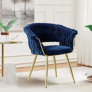 Modern Dining Chairs Chenille Upholstered Dining Chairs with Arms, Knot Woven Living Room Accent Chairs with Gold Metal Legs, Mid-Century Makeup Vanity Chair for Dining Room, Kitchen Bedroom (Blue)