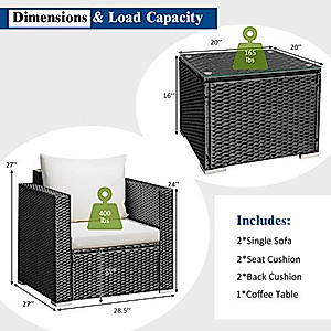 Tangkula 3 Pieces Patio Furniture Set, PE Rattan Wicker Sofa Set w/Washable Cushion and Tempered Glass Tabletop, Outdoor Conversation Furniture for Garden Poolside