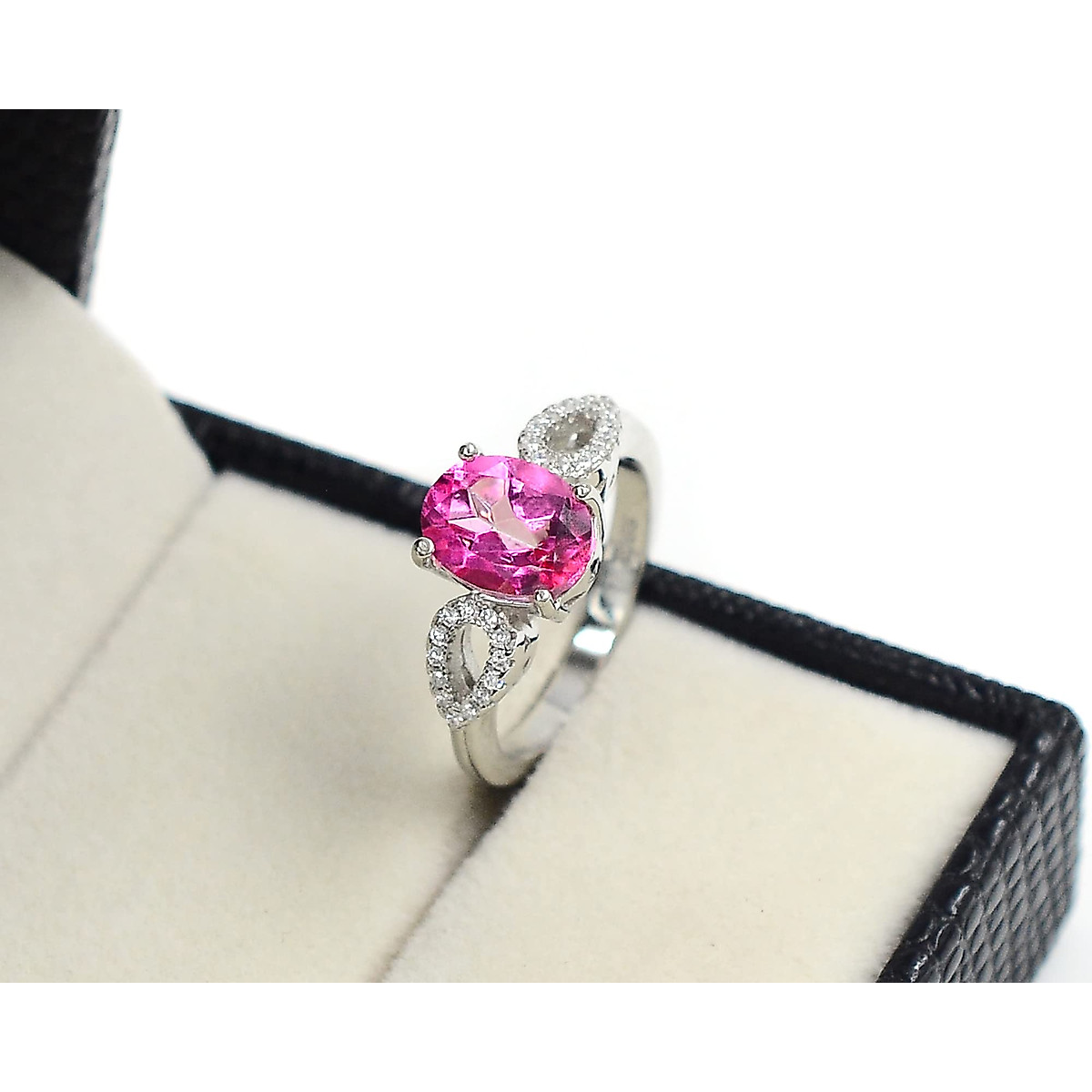 Natural 9X7 MM Oval Cut Pink Topaz Gemstone 925 Sterling Silver Wedding Jewelry Solitaire Unisex Proposal Engagement Ring Bridal Ring Gift For Her (Rhodium Plated Silver, 10)