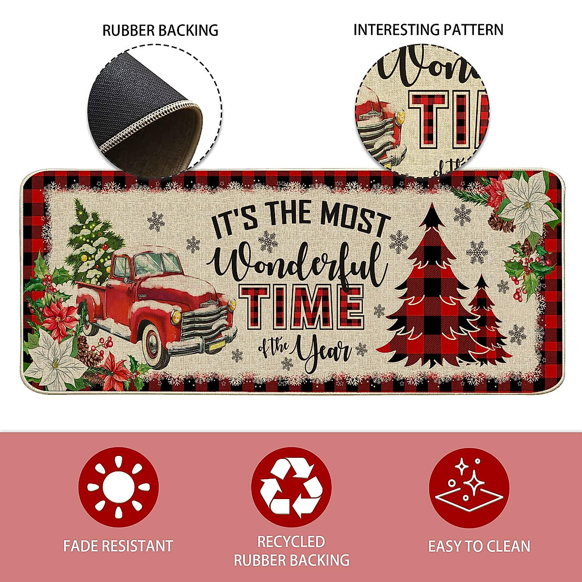 cusugbaso Christmas Kitchen Mats, Merry Christmas Kitchen Rugs Set of 2 - Red Buffalo Plaid Christmas Kitchen Decor - Truck Christmas Decorations for Bathroom,Floor,Indoor,Home 17"x27+17"x47"