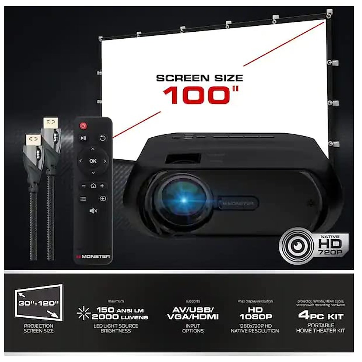 Monster Image Pro 720 HD Extra-Bright LCD Projector, 2000 Lumens, Projects Up to 16ft, Max Resolution: 1080 HD, Universal Image/Audio/Video Support, AV/USB/HDMI/SD Input