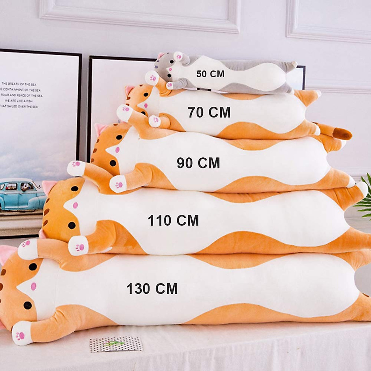 SNOWOLF Cute Cat Plush Long Body Pillow, 43 inch Cat Stuffed Animals Plushie Toy Soft Throw Sleeping Cotton Kitten Pillow Gift for Kids Girls (Gray, 43.3")