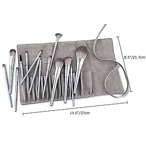 JAMEND CLXP 14 Pockets Makeup Brush Travel Rolling Case Gray Waterproof Cosmetic Travel Bag Brushes Pouch Holder, Premium Leather Brush Organizer with Belt Strap for Women Girls, NO BRUSHES.