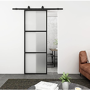 BARNSMITH 30in x 84in Frosted Glass Barn Door with 5FT Top Mounted Hardware kit Include Soft Close Mechanism Black Carbon Steel Tempered Frosted Glass Sliding Door,Assemble Required Easy Installation
