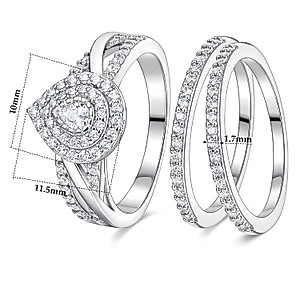 MDFUN Stackable Rings for Women 18K White Gold Plated Three-in-One Teardrop Mini Halo CZ Wedding Engagement Promise Eternity Band (7)