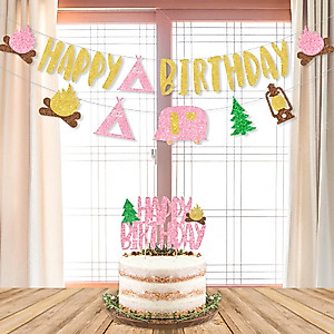 Camping Birthday Party Decorations Girl - Glitter Pink Happy Birthday Banner, Camping Theme Banner Garland, Pink Glitter Happy Birthday Cake Topper for Girl Camping Party Decorations