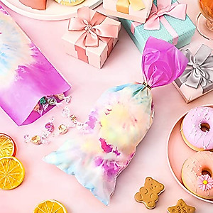 100 Pcs Tie Dye Party Favor Bags Heat Sealable Cellophane Bags Macaron Color Goodie Bags Plastic Gift Bags Tie Dye Candy Bags with 150 Gold Twist Ties for Tie Dye Theme Birthday Party Supplies