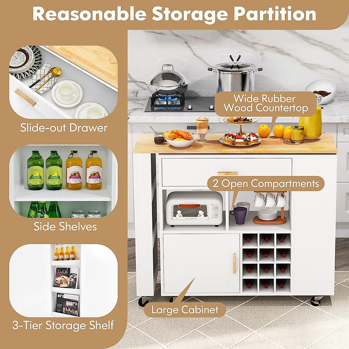 Giantex Mobile Kitchen Island Cart, 4-in-1 Reversible Serving Cart Bar Table Combo, Storage Cart on Wheels w/Rubber Wood Top, Adjustable Shelf, 12-Bottle Wine Rack, Spice Rack for Dining Room, White