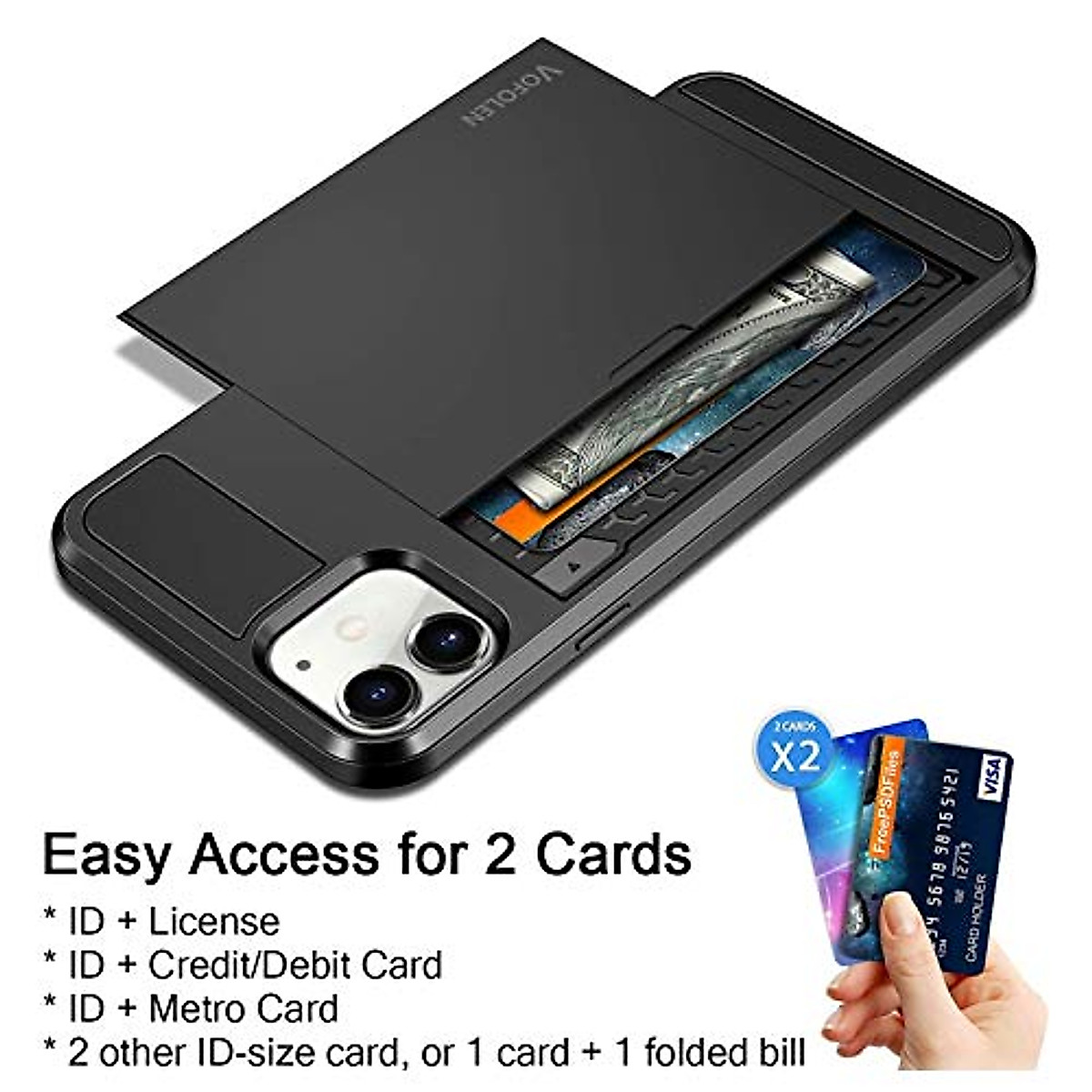 Vofolen Compatible with iPhone 12 Case 5G Wallet Cover Credit Card Holder Slot Sliding Back Pocket Anti-Scratch Dual Layer Protective Compatible with iPhone 12 5G Black