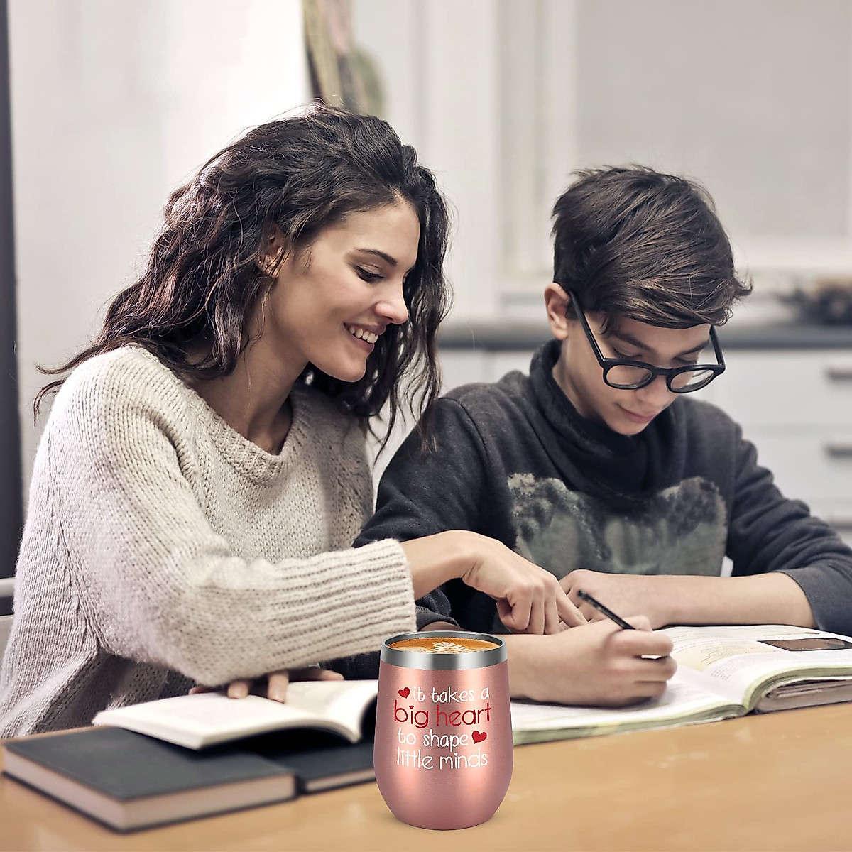 GINGPROUS 2 Pack Teacher Appreciation Gifts in Bulk, It Takes a Big Heart Wine Tumbler Set, Birthday Christmas Teacher Gifts for Teachers Women,12 Oz Stainless Steel Wine Tumbler with Lid, Rose Gold