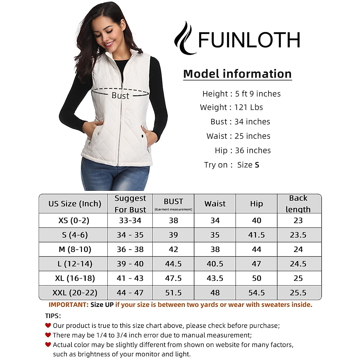 Fuinloth Women's Quilted Vest, Stand Collar Lightweight Zip Padded Gilet White XL